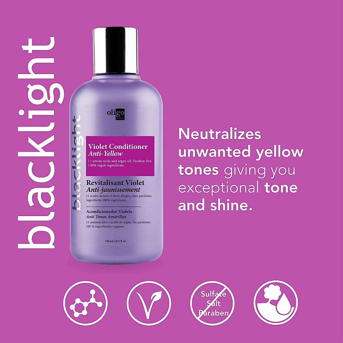 Oligo Professionnel - Blacklight Violet Conditioner - Purple Conditioner for blondes - Vegan - Eliminate Yellow Tones - Refresh Faded Highlights - Argan oil - Hydrating Formula - 8.5oz