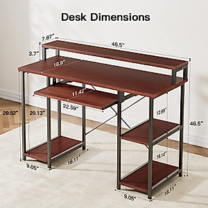 NOBLEWELL Computer Desk with Storage Shelves, 47 inch Home Office Desk with Monitor Stand, Writing Desk Table with Keyboard Tray (Cherry)