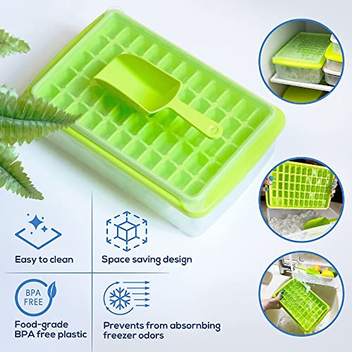 Large Ice Cube Mold, Ice Cube Tray for Freezer, Sphere Ice Container for Cocktails, 55 Mini Nugget Tray with Lid and Bin, Pebble Ice Bucket-Comes with Scoop, Cover, Ice Maker and Holder.
