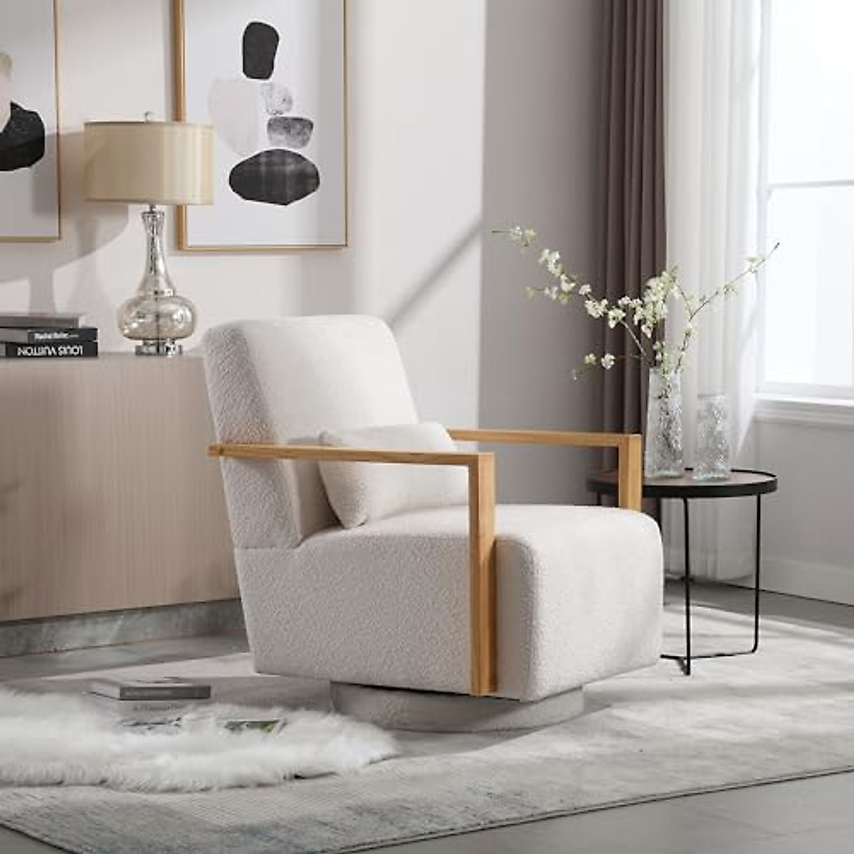 30.5" W Swivel Modern Boucle Upholstered Accent Chair with Solid Wood Armrests, Comfy Lounge Reading Chair, Side Armchair for Hotel Bedroom Living Room Office Nursery Room (Ivory)