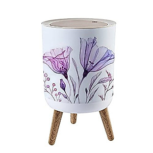 Round Trash Can with Press Lid Floral artwork purple Watercolor Hand painted bouquet transparent Small Garbage Can Trash Bin Dog-proof Trash Can Wooden Legs Waste Bin Wastebasket 7L/1.8 Gallon
