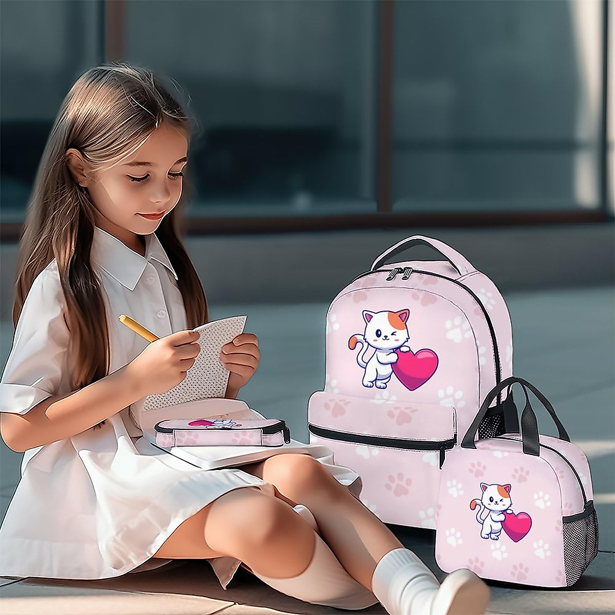CUNEXTTIME Cat Backpack with Lunch Box, Set of 3 School Backpacks Matching Combo for Girls Boys, Cute Pink Bookbag and Pencil Case Bundle