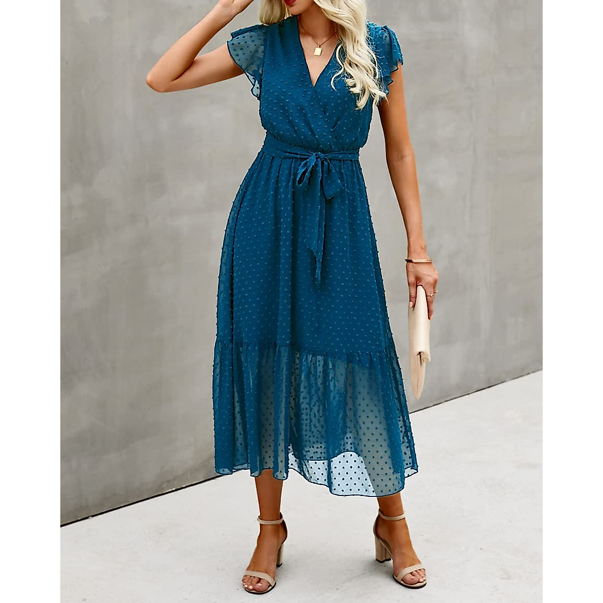 BTFBM Women Summer Bohemian Floral Casual Wrap V Neck Ruffle Cap Sleeveless Belt A-Line Pleated Hem Swing Midi Sun Dress (Swiss Dot Lake Blue, l)