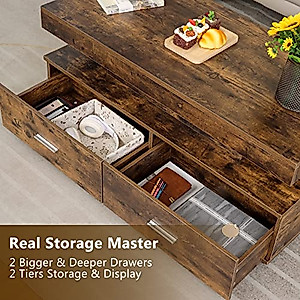 WEENFON LED Coffee Table, Smart Coffee Table with Charging Station, Lift Top, 21 Colors Change, 2 Tiers Modern Tea Table with Storage, Living Room Furniture, Rectangle Design, Rustic Brown