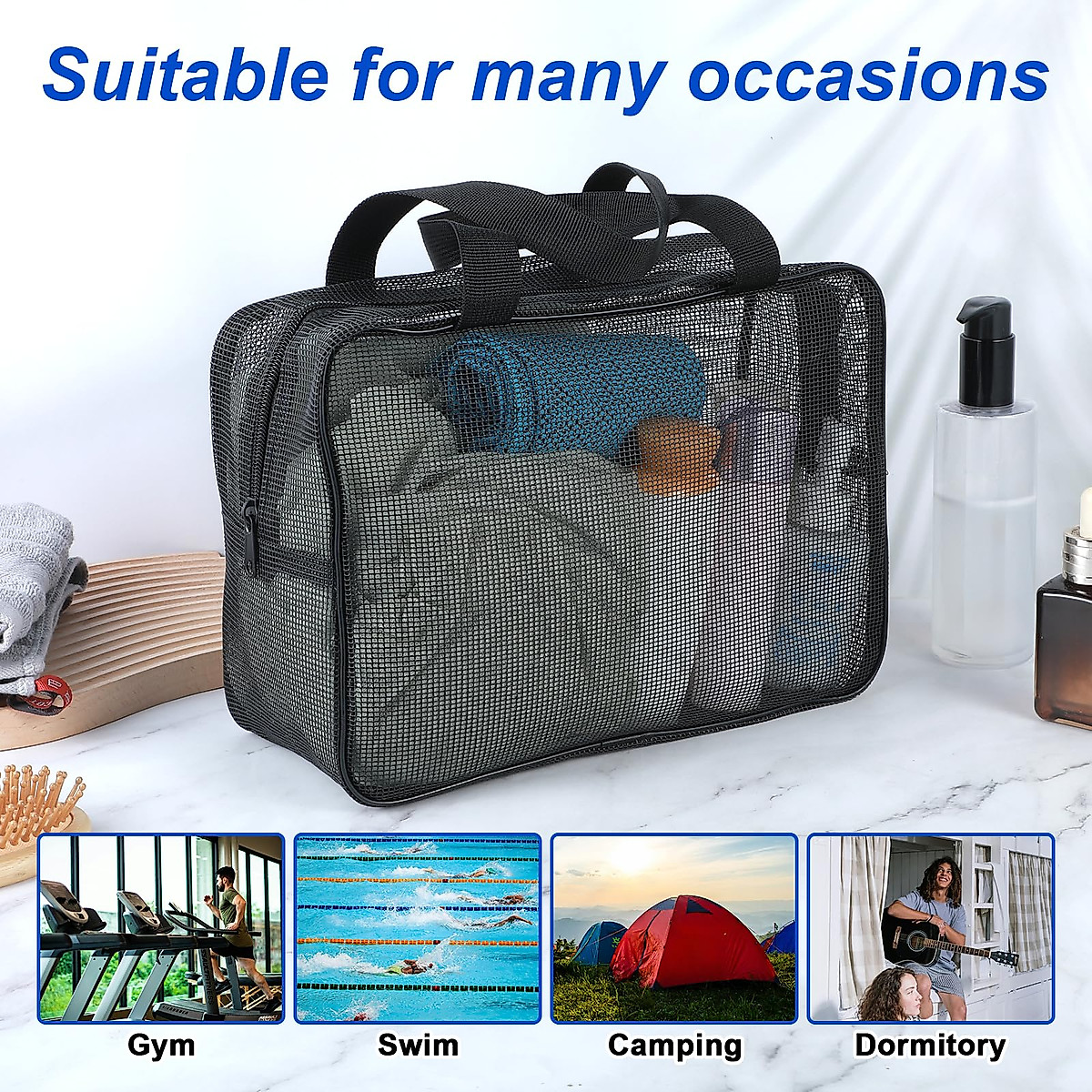 Molain Mesh Shower Caddy Portable Toiletry Tote Organizer Tote Gym Bag for College Dorm Bathroom (Black Large)