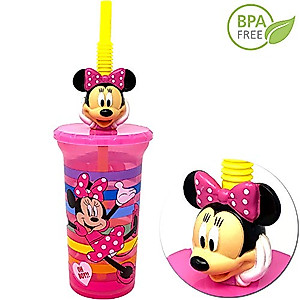 Disney Minnie Mouse Water Tumbler with 3D Character Head Straw Drinkware - Safe BPA free Bottles, Easy to Clean, Perfect Gifts for Kids Boys Girls Toddlers for Home Travel Goodies
