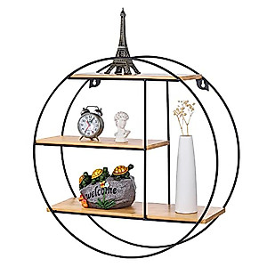 DEMSFIA Round Wall Floating Shelves, Circle Shelf 3 Tier Made from Metal and Bamboo, Decorative Wall Shelves, Super Easy Install, Black