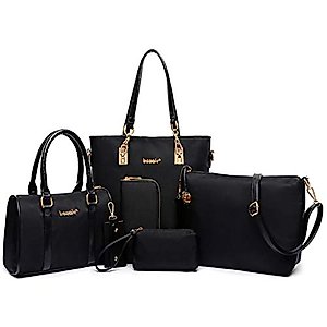 RainboSee Women Handbag and Purse 6Pcs Tote Satchel Top Handle Crossbody Shoulder Bag Clutch Wallet Key Case Black