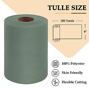 Sage Green Tulle Fabric Roll 6 Inch by 100 Yards (300 feet) Sheer Tulle Netting Spool Tulle Ribbon for Tutu Skirt Christmas Gift Wrapping Wedding Baby Shower Party Decorations DIY Crafts