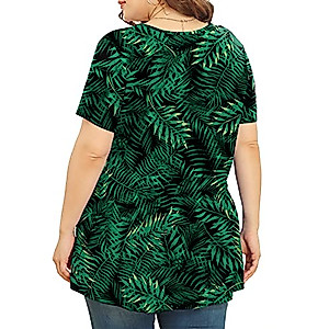 JUEYUN Plus Size Women's 2023 Casual Summer Short Sleeve Tops Loose Flowy Tunic Cute Pleated Flower Print Tee Shirts,Leaf Green,2X-Large