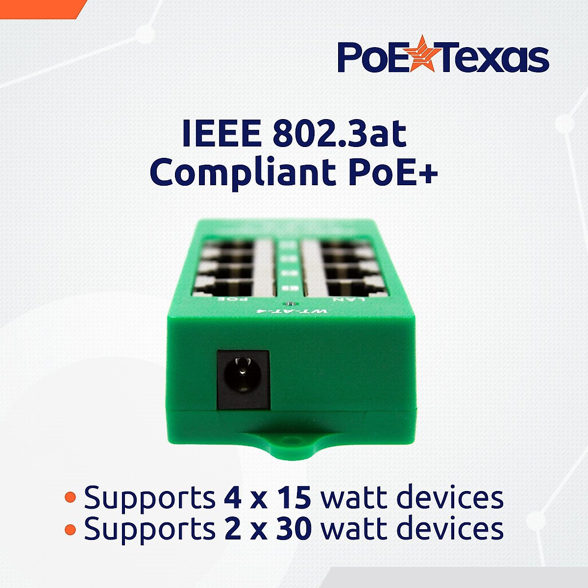 PoE Texas 4 Port PoE/PoE+ Injector with 48V 60W Power Supply - Gigabit Injector - Active Mode A Power Over Ethernet Multi Port PoE Adapter - Supports 4 PoE (802.3af or at) up to 60 watts