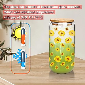 Sunflower Gifts for Women, Glass Cups with Lids and Straws, 18OZ Glass Cups, Drinking Glasses, Iced Coffee Glasses Cup, Smoothie Cups, Tumbler Glass, Reusable Cup Drinking Glasses -Set of 1