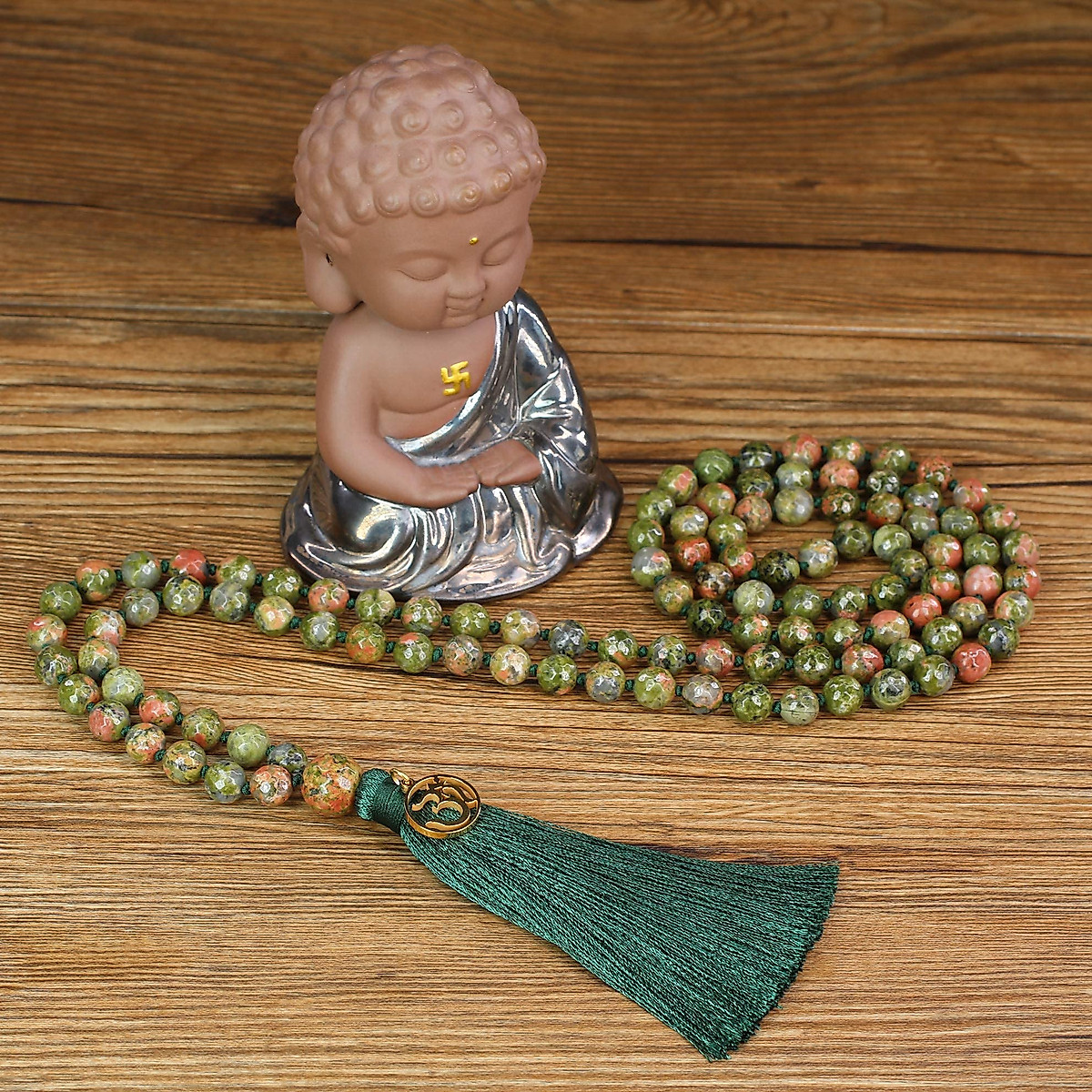 COAI OM Charm Hand Knotted Tassel Unakite Stone 108 Mala Beads Necklace 8mm