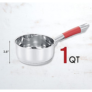 Concord 1 Quart Stainless Steel Saucepan with SIMPLE POUR Vented Glass Lid. Features Dual Pouring Spouts and Volume Marking. Perfect for making Sauces, Jam, Ramen, and more