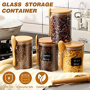 Bokon 6 Sets Glass Jars with Bamboo Lids and Spoon 18.2 oz Airtight Glass Spice Jars with Lids Flour Canister Glass Food Storage with 3 Labels and 1 Pen for Candy Spices Coffee Beans Sugar Nuts