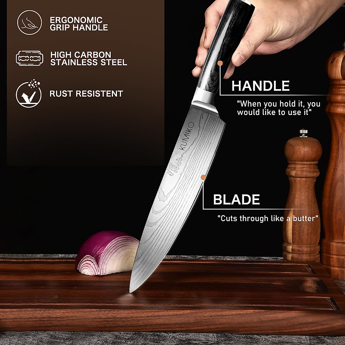 KUMIKO Kitchen Knife Set Black, Cooking Knife Set Professional, Ultra Sharp High Carbon Stainless Steel Knives (7Cr17MOV), 5 Piece Knife Set