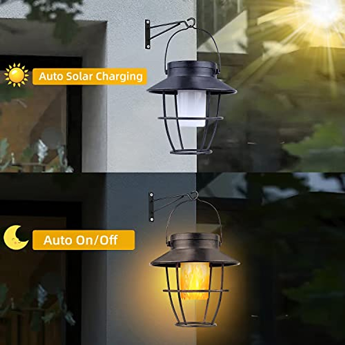 Solar Lantern Outdoor Vintage Metal, KINGLEAD Hanging Solar Lights Flickering Flame Lantern for Halloween Decorative Garden Patio Yard Porch Outdoor Waterproof Wall lights with Wall Mount Kit (2 Pack)