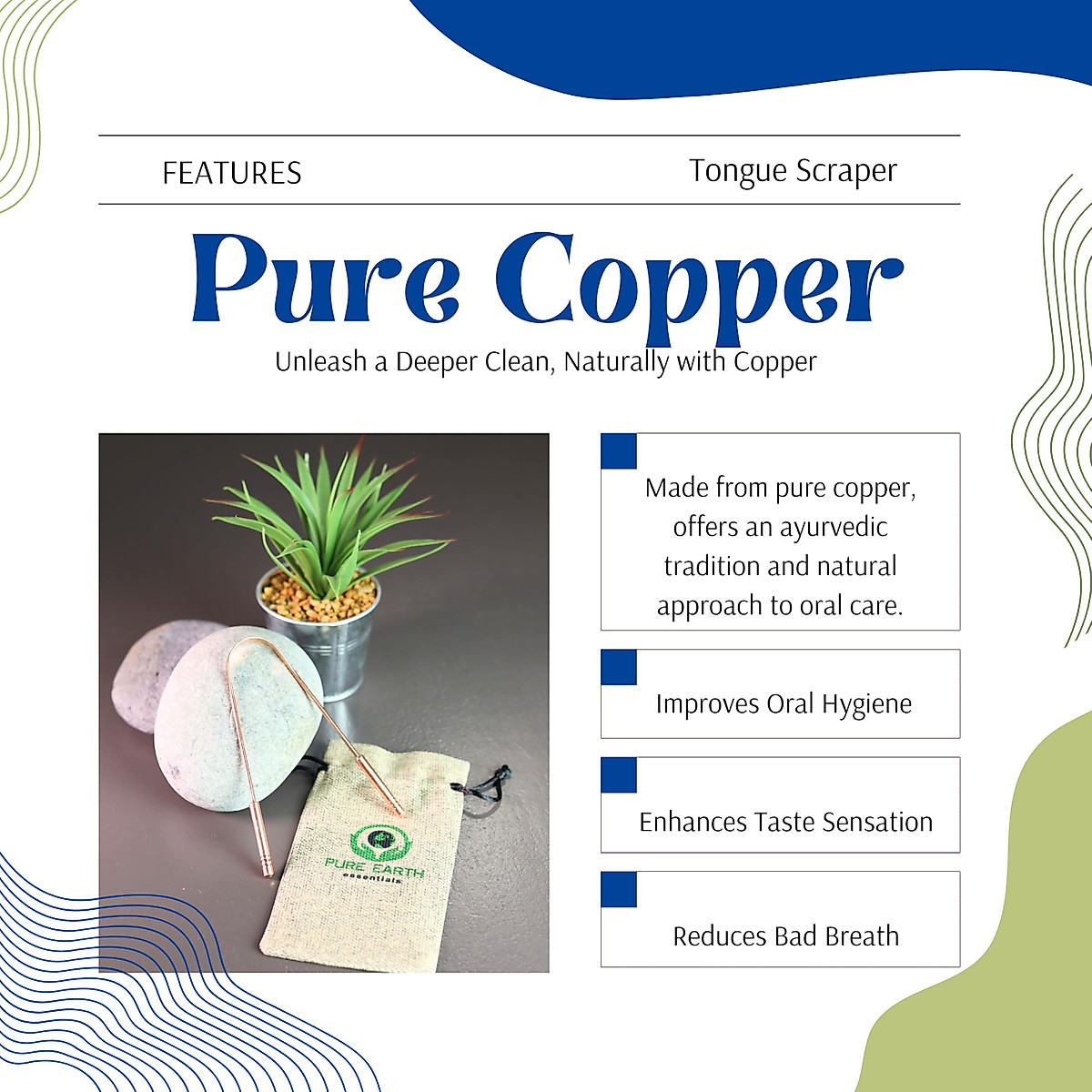 100% Pure Copper Tongue Scraper for Adults - Heavy-Duty, Rust-Proof, Long-Lasting Oral Care - Travel Tongue Scraper Ayurvedic with Case - PURE EARTH essentials (1 Piece/Pack)