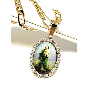 Gold Plated Saint Jude Pendant Necklace Figro 26" San Judas Tadeo Medalla Oro Laminado Figaro