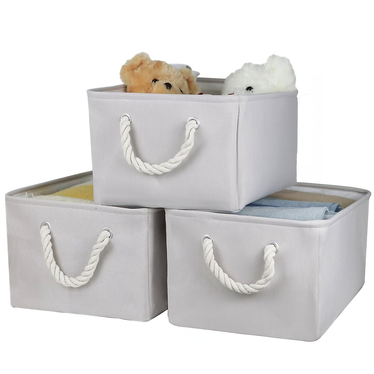 3PCS Foldable Storage Basket, Collapsible Basket Container Shelf Organizer Bin with Rope Handles, Large Storage Basket with Handles for Clothes, Toys, Books and Other Stuff Organizer