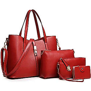 FiveloveTwo Fashion Womens 4Pcs Handbag Set Totes Clutch Satchels Top Handle Shoulder Crossbody Bags and Purse Card Holder Burgundy