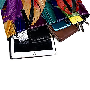 Large Leather Tote Bag Colorful Feather Pattern Handbag for Office College School