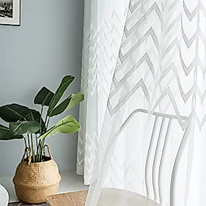 Iuokuby Nordic Sheer Curtains Semi Voile Rod Pocket Style Zig Zag Embroidery High Grade Gauze Drapes for Living Room Bedroom