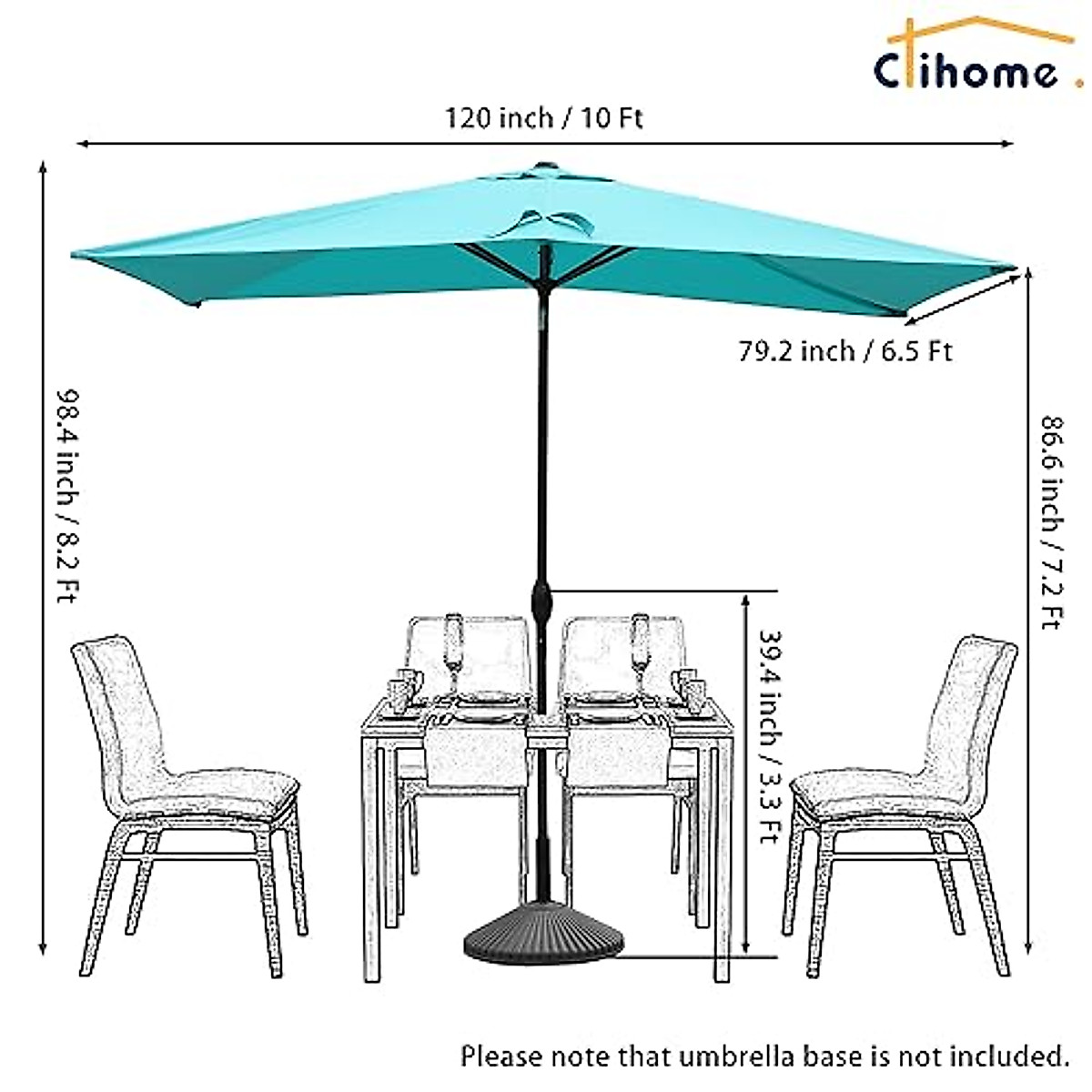 Clihome Patio Umbrella 10'x6'5 Rectangular Outdoor Umbrella Market Table Umbrella with Push Button Tilt and Crank for Patio Backyard Garden Deck Pool (Light Blue)