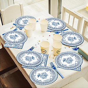 50 PCS Blue Floral Oval Paper Plates Blue & White Floral Party Tableware Set Blue and White Flowers Disposable Party Supplies Bridal Birthday Baby Shower Tea Dinnerware Plates Napkins Forks Serve 50
