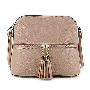 SG SUGU Lunar Lightweight Medium Dome Crossbody Bag Shoulder Bag with Double Tassels | Zipper Pocket | Adjustable Strap|Beige
