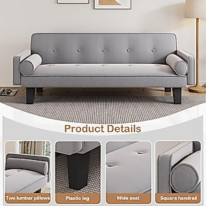 72" Convertible Sofa Couch Bed with 2 Pillows, Cotton Linen Loveseat Sofa Bed with Soild Wood Legs,Modern Upholstered Folding Reclinerfor Living Room Apartment Office