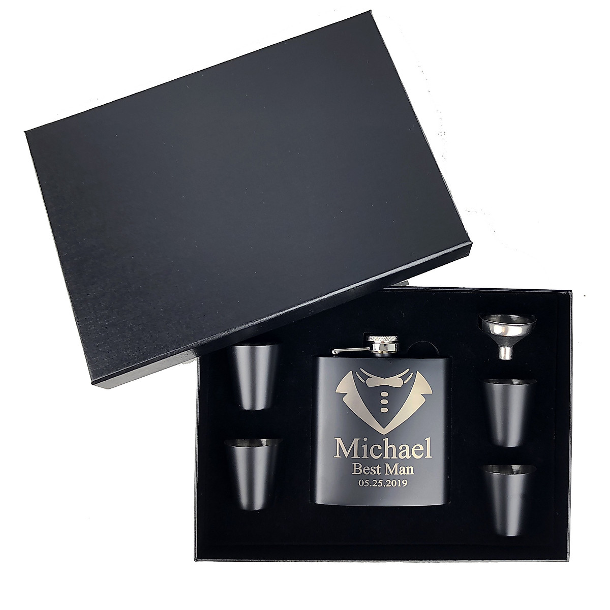 Personalize Gift Groomsmen Proposal 6pc Black Flask Gift Box Set Custom Laser Engraving