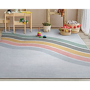 Well Woven Kids Modern Rugs Curved Rainbow 5' x 7' Multi Color Printed Machine Washable Area Rug