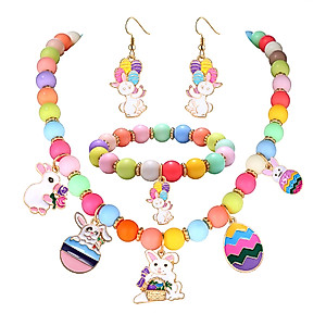 Rainbow Beads Bunny Egg Pendant Necklace and Bracelet for Women Girls, Colorful Beaded Stretch Bracelet, Cute Enamel Rabbit Drop Earrings, Little Girls Jewelry Sets, Holiday Favors Gift for Girls,