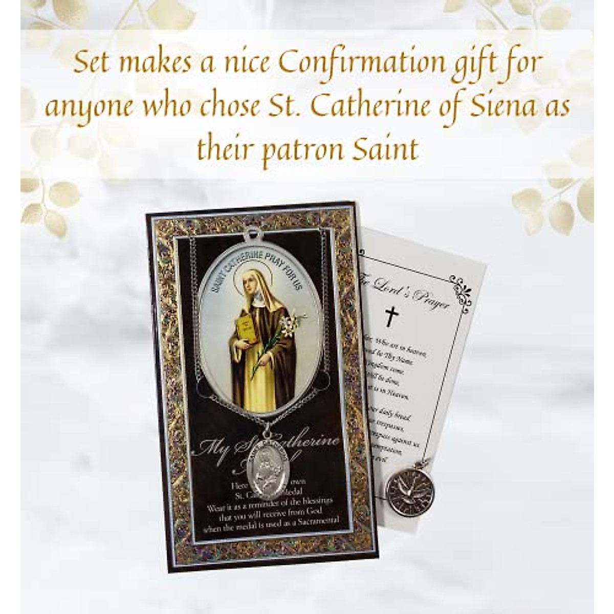 Saint Catherine Of Siena Medal Necklace with Confirmation Dove Charm | St Catherine Of Siena Pendant Jewelry,Holy Spirit Dove Pendant, Lord's Prayer Card | Catholic Patron Saint Of Italy Themed Set