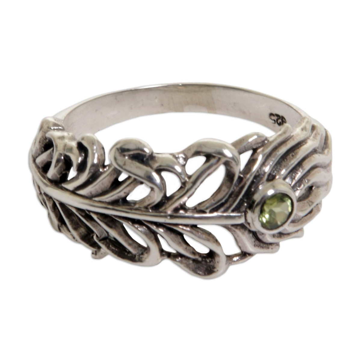 NOVICA Artisan Handmade Peridot Band Ring .925 Sterling Silver from Indonesia Green Birthstone Peacock 'Feather Light'