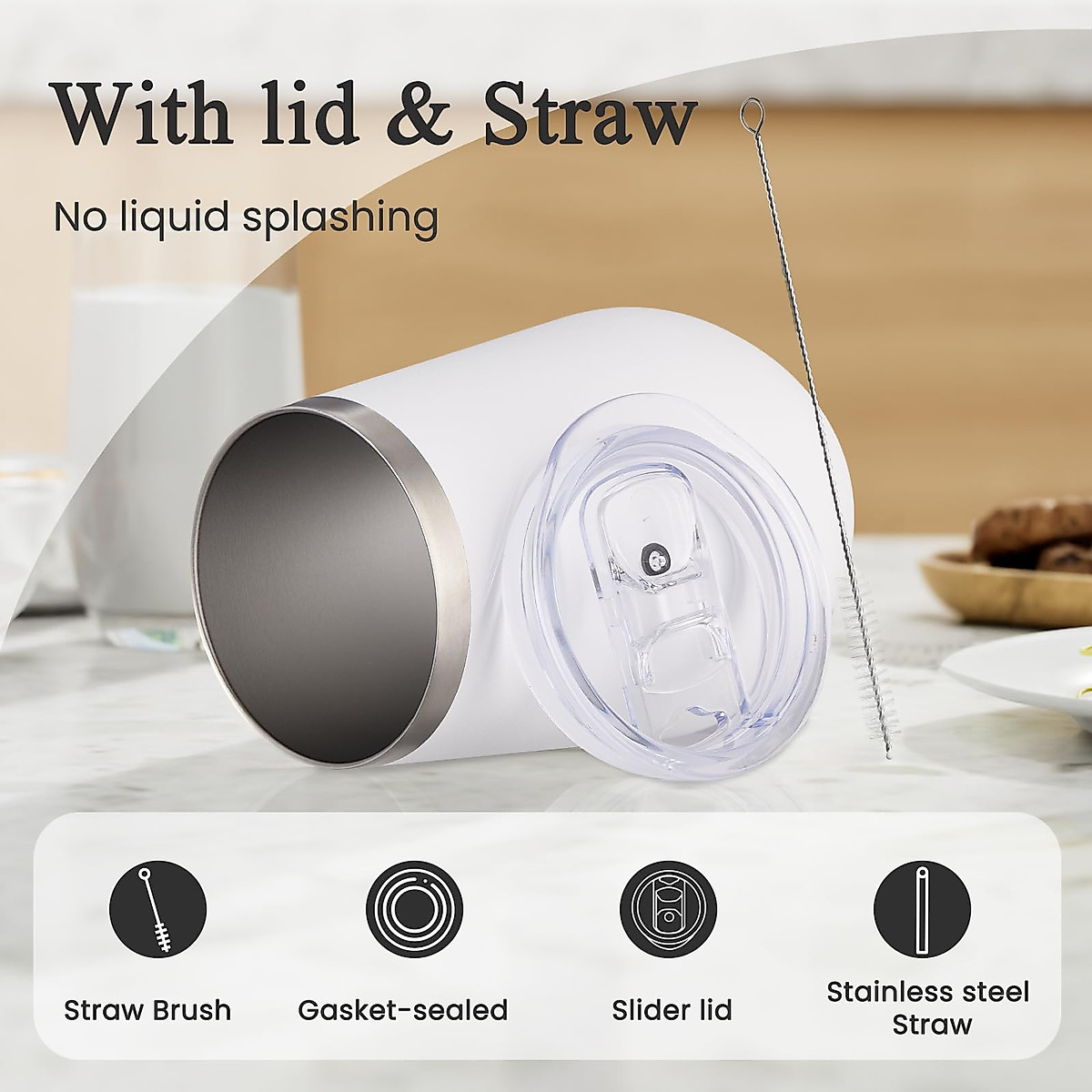 MEWAY 12oz Insulated Wine Tumbler - Double Wall Stainless Steel Stemless Glasses with Lids, Wine cups, Gift for Family and Gifts, Prizes for adults(White,1)