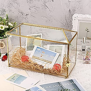 ELLDOO 12.6" Gold Glass Wedding Card Box with Heart Lock, Glass Gift Boxes, House Shape with Feet Clear Terrarium Planter for Wedding Receptions, Centerpiece Decor, Keepsake, Gift Display Box, Large Size