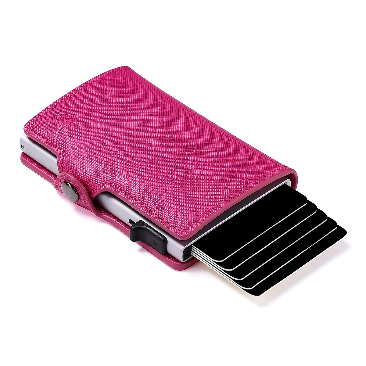 Card Blocr Womens Slim Wallet for Small Purses, Pop Up Wallet with Anti Theft RFID Blocking Credit Card Holder for Women in Pink PU Saffiano