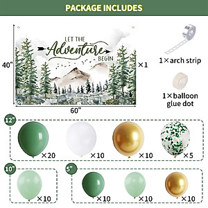 Adventure Baby Shower Decorations Set Adventure Party Decorations Let The Adventure Begin Backdrop,Sage Green Balloon Garland for Travel Themed Party,Greenery Rustic Mountain Forest Woodland Party