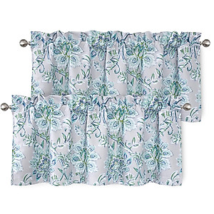 DriftAway Alyssa Jacobean Elegant Floral Leaves Pattern Thermal Insulated Blackout Lined Rod Pocket Window Curtain Valance for Kitchen Café 2 Pack 52 Inch by 18 Inch Plus 2 Inch Header Gray