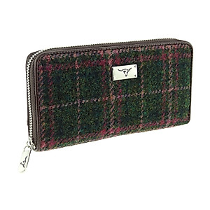 KWH Glen Appin of Scotland Dark Green & Plum Tartan Check Harris Tweed Ladies Staffa Zip Round Purse Wallet
