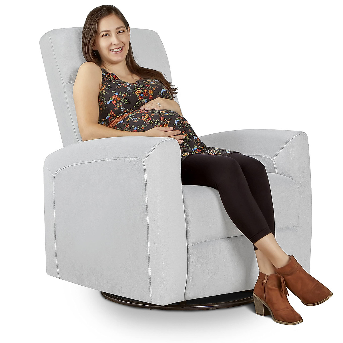 Evolur Reevo Upholstered Faux Leather Seating Glider Swivel in Misty Grey, Glider Chair for Nursery, Greenguard Gold Certified, Tool-Free Assembly, Easy to Clean