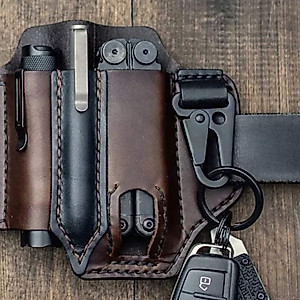 Handmade Leather Multitool Sheath, EDC Belt Pocket Organizer, Flashlight Holster, Storage Belt Waist Bag for Camping, Leatherman Sheath with Pen Holder, Key Fob (Brown)