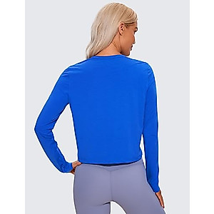 CRZ YOGA Pima Cotton Long Sleeve Workout Shirts for Women Loose Cropped Tops Athletic Sports T-Shirt Strong Blue Small