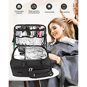 Relavel Barber Travel Backpack, Rolling Makeup Train Case Hairstylist Traveling Bag for Hairdressers and Makeup Artists, Heat Insulation Layer and Adjustable Dividers Cosmetology Case on Wheels