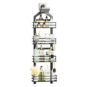 Orimade Adjustable Anti-Slip Hanging Shower Caddy Over Shower Head,Rustproof Bathroom Hanging Shower Organizer with 4 Hooks for Razor,No Drilling Shower Shelves Storage Rack,Black 4 Tier
