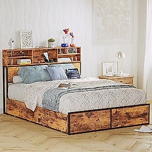 LIKIMIO Queen Bed Frame with Drawers 4 Storage Drawers & Bookcase Headboard & Charging Station, Sturdy and No Noise Platform Bed, No Box Spring Needed, Easy Assembly, Vintage Brown