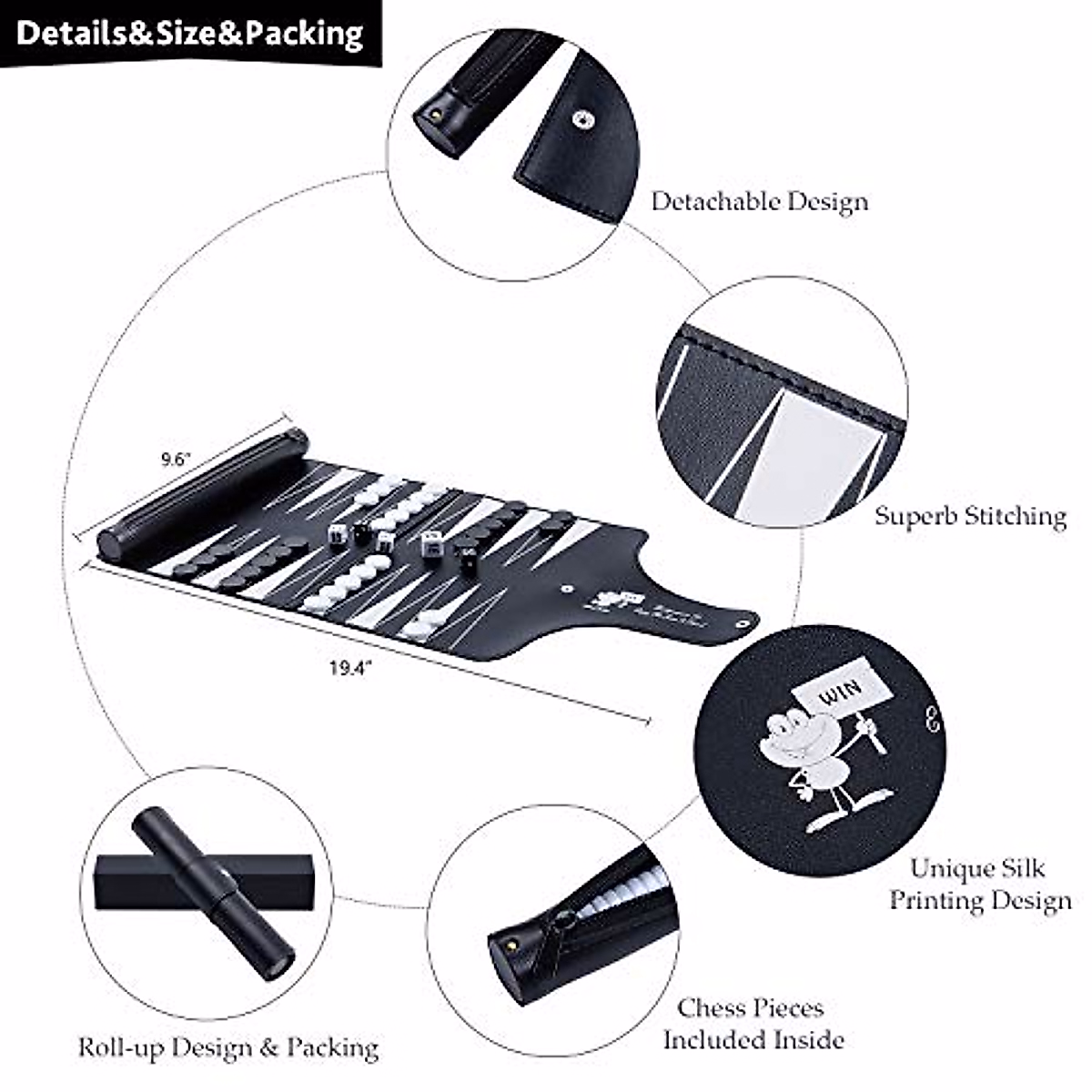 Travel Backgammon Set Roll Up Detachable Design Bagammon Game Set with Backgammon Checkers Inside (Black)
