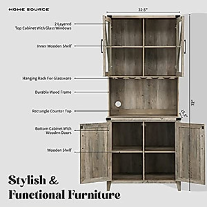 Home Source 72" Tall Wood Kitchen Storage cabinets with Doors, Transparent Glass Doors, Wine Cup Holder, Liquor Shelves Large Storage Pantry Pantry for Kitchen, Bar, Living Room